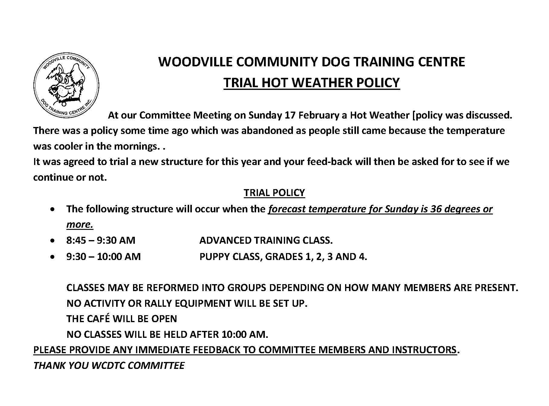 Hot Weather Policy Trial – Woodville Community Dog Training Centre